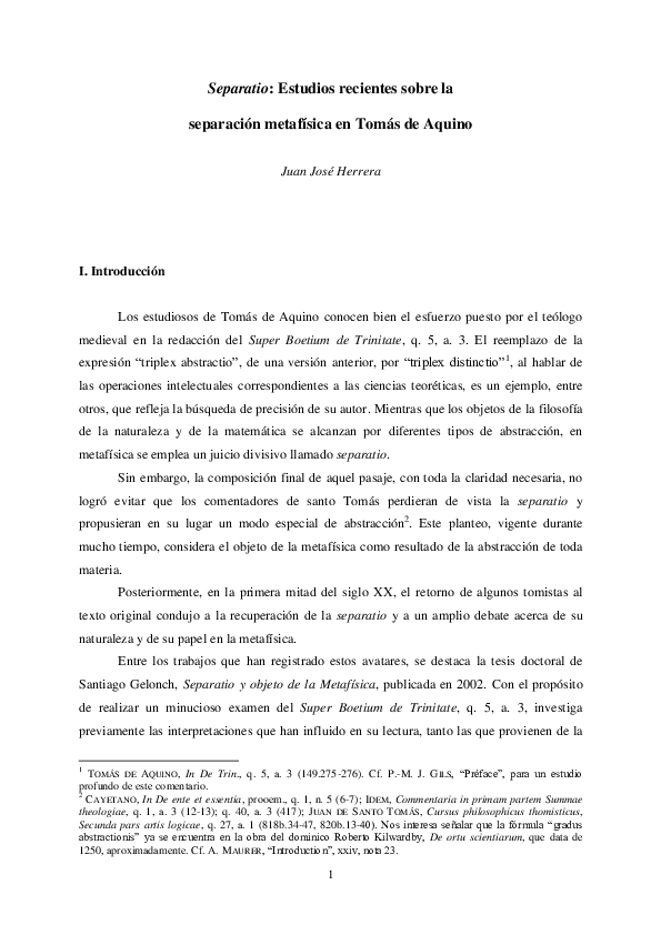 (PDF) «Separatio» Estudios recientes sobre la separación metafísica en ...
