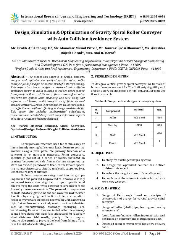 (PDF) Design, Simulation & Optimization of Gravity Spiral Roller Conveyer with Auto Collision ...