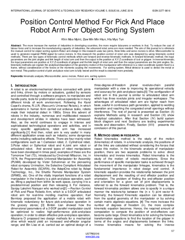 Pdf Position Control Method For Pick And Place Robot Arm For Object Sorting System