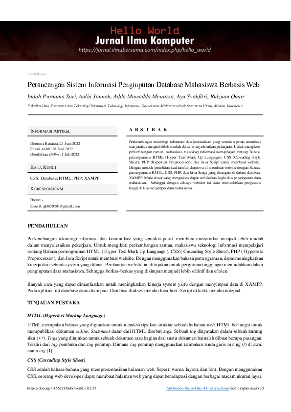 (PDF) Perancangan Sistem Informasi Penginputan Database Mahasiswa Berbasis Web