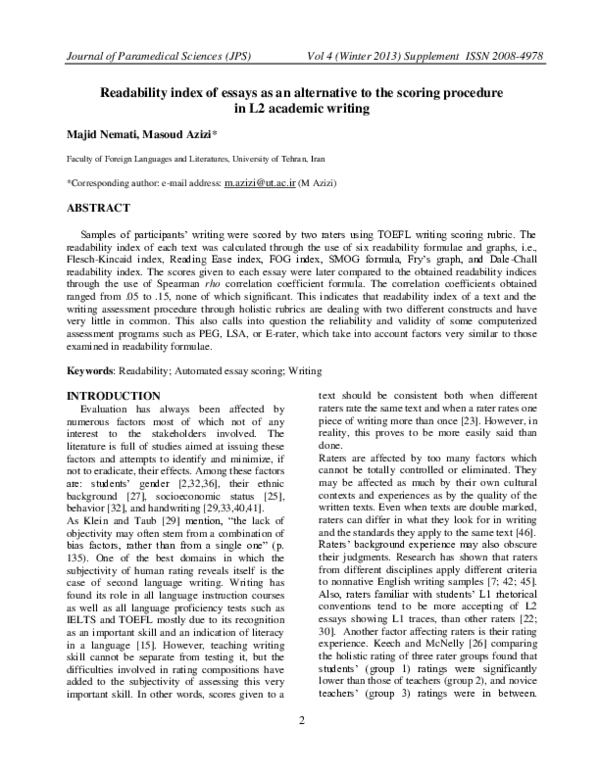 (PDF) Readability index of essays as an alternative to the scoring ...
