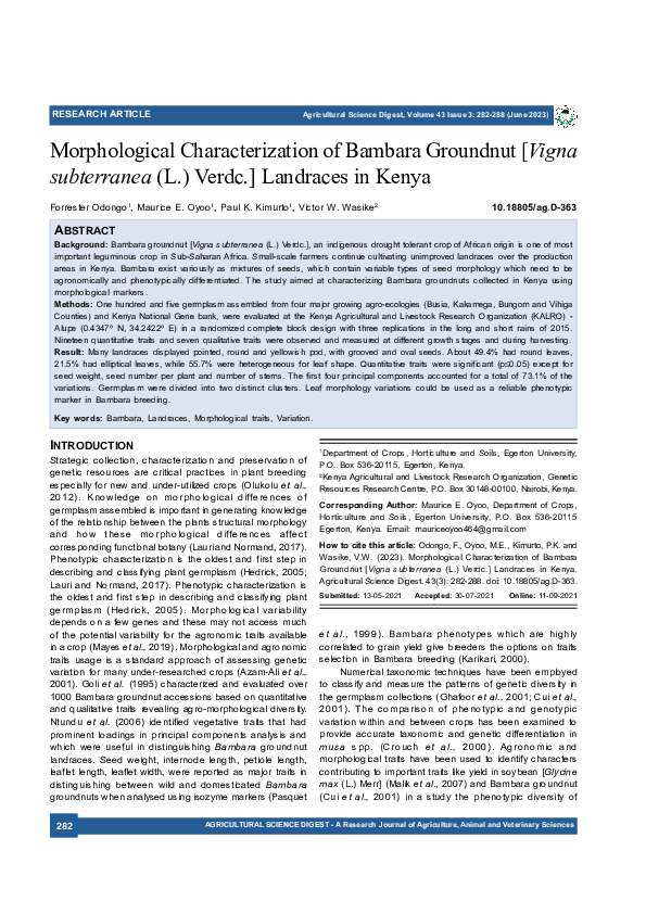 (PDF) Morphological Characterization of Bambara Groundnut [Vigna subterranea (L.) Verdc ...
