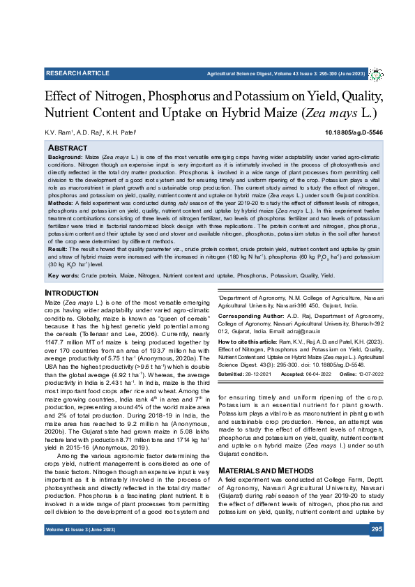 (PDF) Effect of Nitrogen, Phosphorus and Potassium on Yield, Quality, Nutrient Content and ...