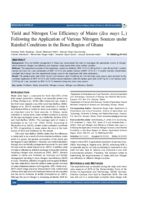 (PDF) Yield and Nitrogen Use Efficiency of Maize (Zea mays L.) Following the Application of ...