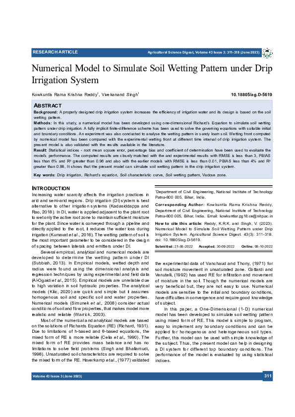 (PDF) Numerical Model to Simulate Soil Wetting Pattern under Drip Irrigation System | Arcc ...