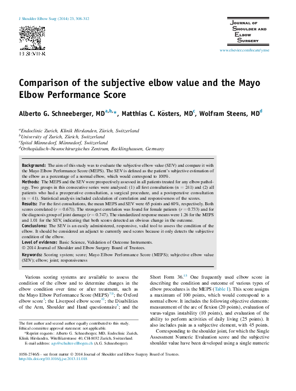 (PDF) Comparison of the subjective elbow value and the Mayo Elbow ...