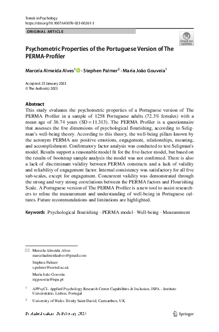 (PDF) Psychometric Properties of the Portuguese Version of The PERMA-Profiler