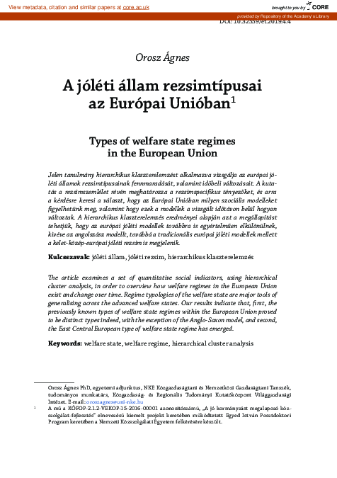(PDF) A jóléti állam rezsimtípusai az Európai Unióban