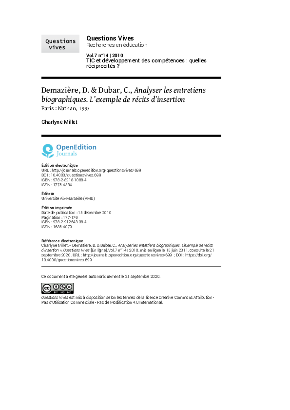 (PDF) Demazière, D. Dubar, C., Analyser les entretiens biographiques. L ...