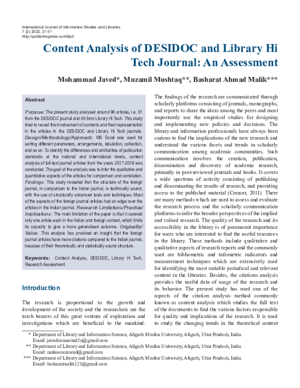 (PDF) Content Analysis of DESIDOC and Library Hi Tech Journal: An ...