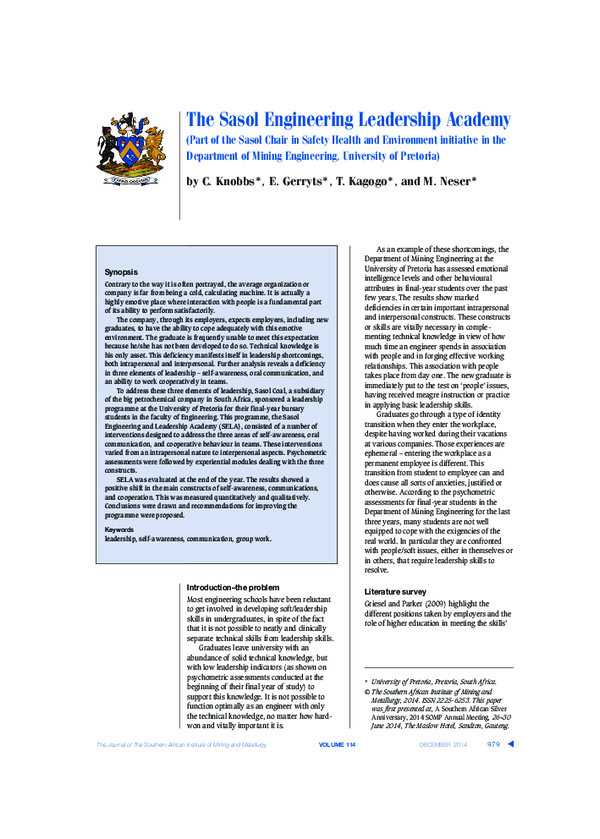 (PDF) The Sasol Engineering Leadership Academy (Part of the Sasol Chair ...