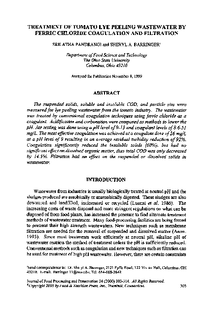 (PDF) TREATMENT of TOMATO LYE PEELING WASTEWATER BY FERRIC CHLORIDE ...