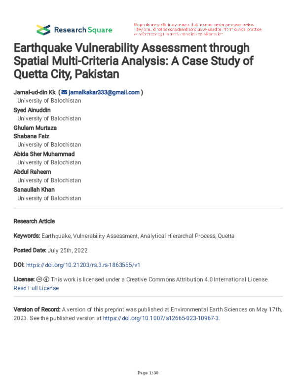(PDF) Earthquake Vulnerability Assessment through Spatial Multi-Criteria Analysis: A Case Study ...