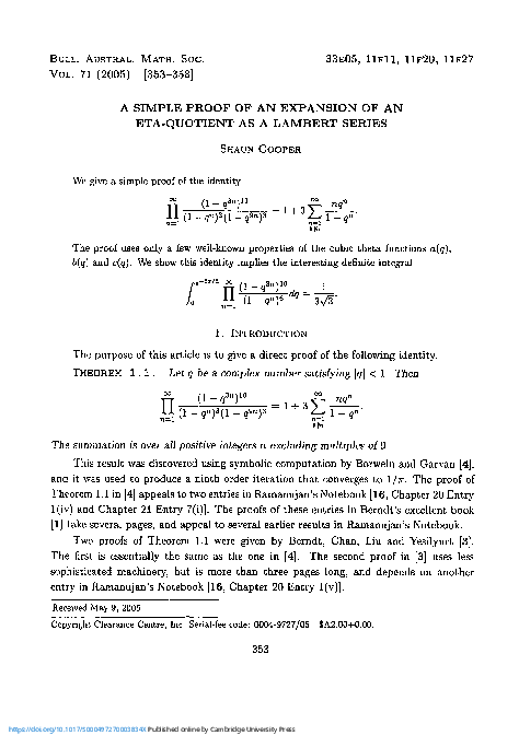 (PDF) A simple proof of an expansion of an eta-quotient as a Lambert series