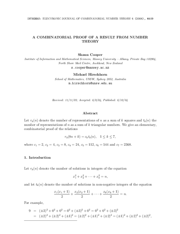 (PDF) A Combinatorial Proof of a Result from Number Theory