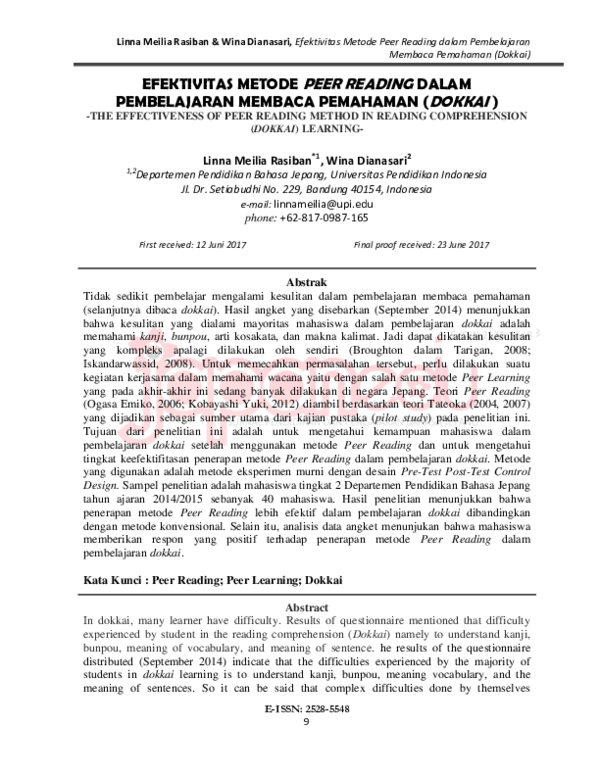 (PDF) Efektivitas Metode Peer Reading Dalam Pembelajaran Membaca Pemahaman (Dokkai )