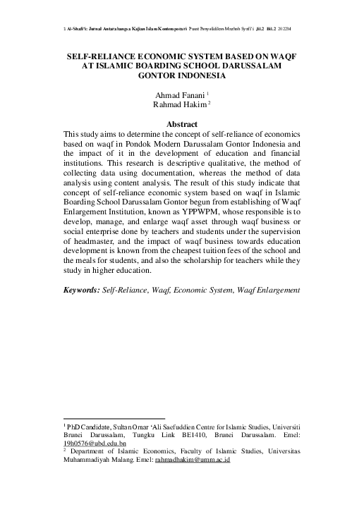 (PDF) Self-Reliance Economic System Based on Waqf at Islamic Boarding School Darussalam Gontor ...