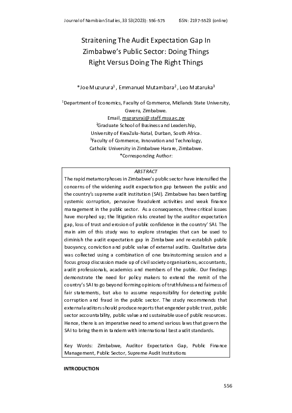 (PDF) Straitening The Audit Expectation Gap In Zimbabwe's Public Sector ...