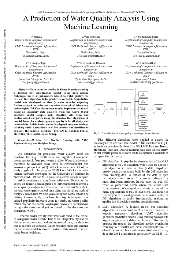 (PDF) A Prediction of Water Quality Analysis Using Machine Learning