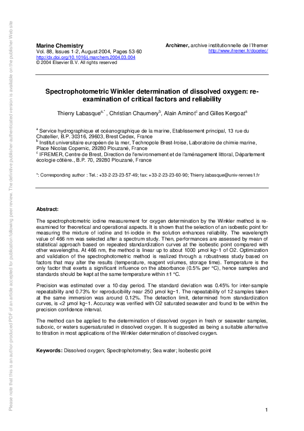 (PDF) Spectrophotometric Winkler determination of dissolved oxygen: re ...
