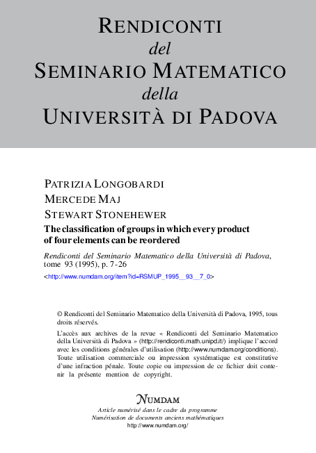 (PDF) The classification of groups in which every product of four ...