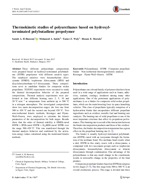 (PDF) Thermokinetic studies of polyurethanes based on hydroxyl ...
