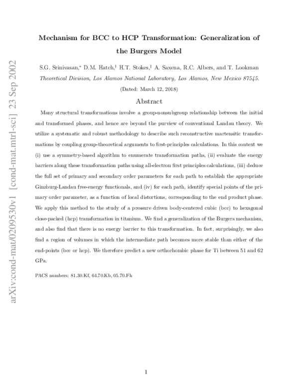(PDF) Mechanism for BCC to HCP Transformation: Generalization of the ...