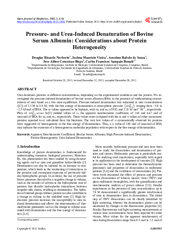 (PDF) Pressure- and Urea-Induced Denaturation of Bovine Serum Albumin ...