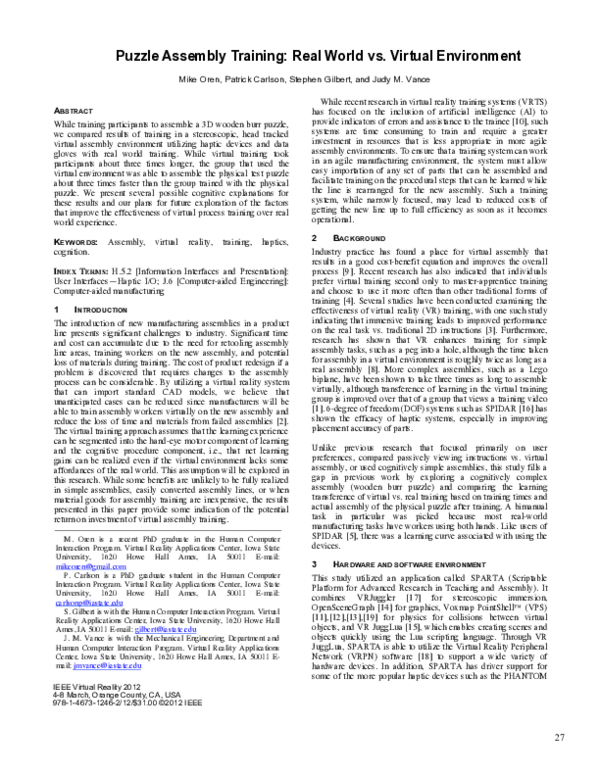 (PDF) Puzzle assembly training: Real world vs. virtual environment