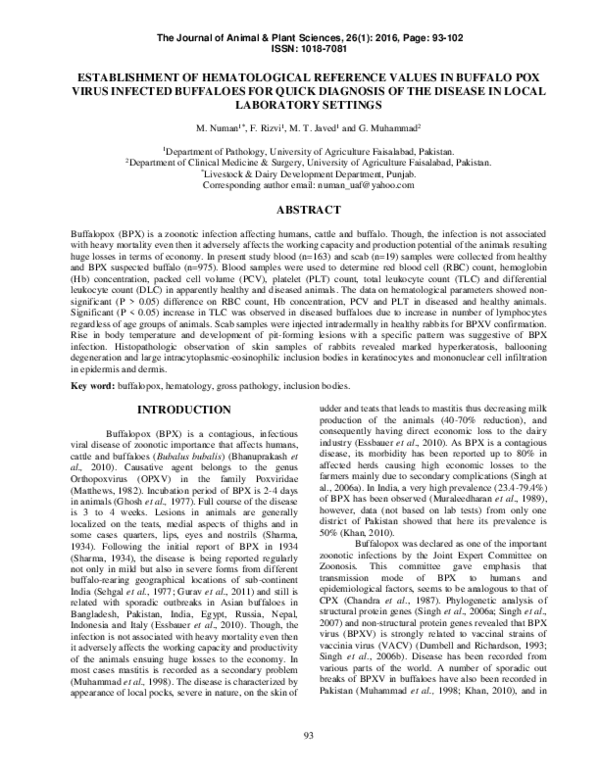(PDF) Establishment of hematological reference values in buffalo pox ...