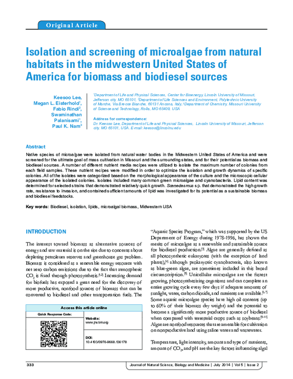 (PDF) Isolation and screening of microalgae from natural habitats in the midwestern United ...