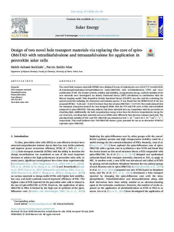 (PDF) Design of two novel hole transport materials via replacing the ...