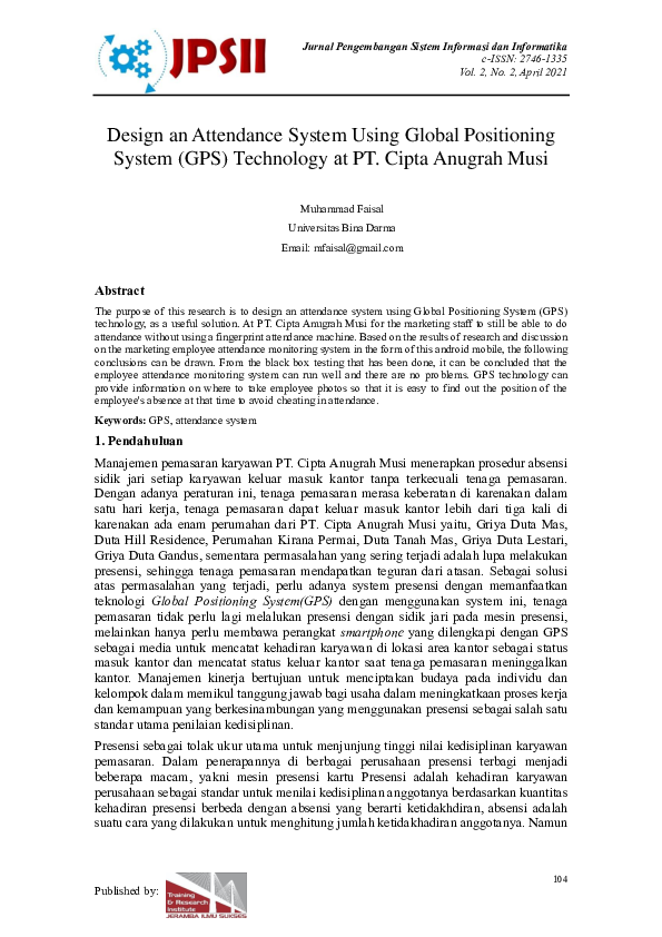 (PDF) Design an attendance system using Global Positioning System (GPS) technology at PT. Cipta ...