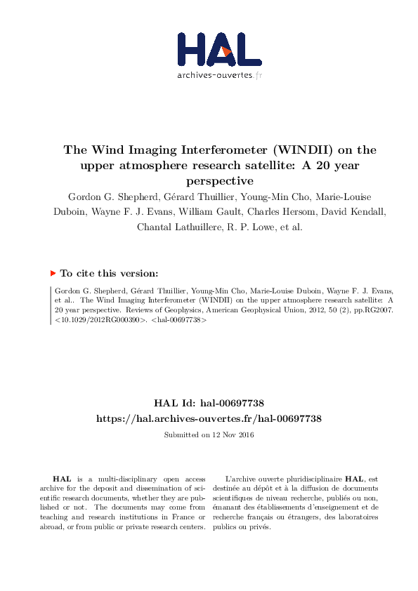(PDF) The Wind Imaging Interferometer (WINDII) on the Upper Atmosphere ...