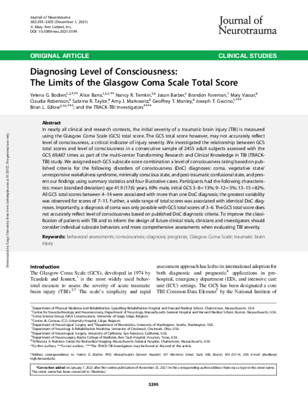(PDF) Diagnosing Level of Consciousness: The Limits of the Glasgow Coma ...