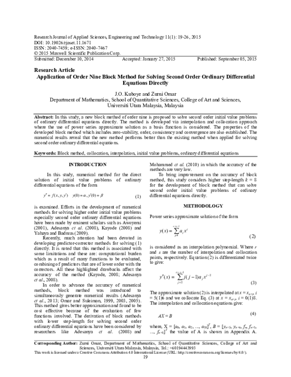 (PDF) Application of Order Nine Block Method for Solving Second Order Ordinary Differential ...