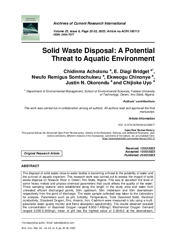 (PDF) Solid Waste Disposal: A Potential Threat to Aquatic Environment