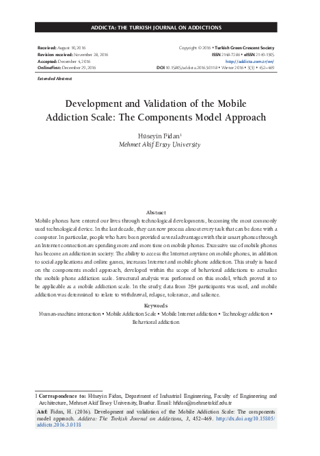(PDF) Development and Validation of the Mobile Addiction Scale: The ...