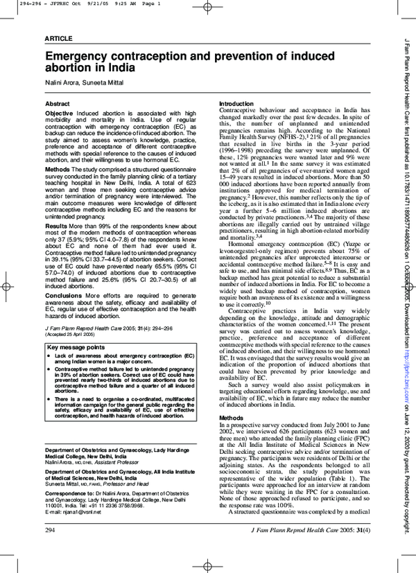 (PDF) Emergency contraception and prevention of induced abortion in India