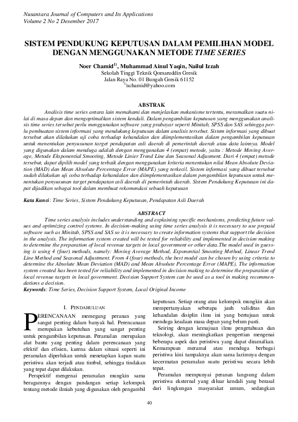 (PDF) Sistem Pendukung Keputusan Dalam Pemilihan Model Dengan Menggunakan Metode Time Series ...