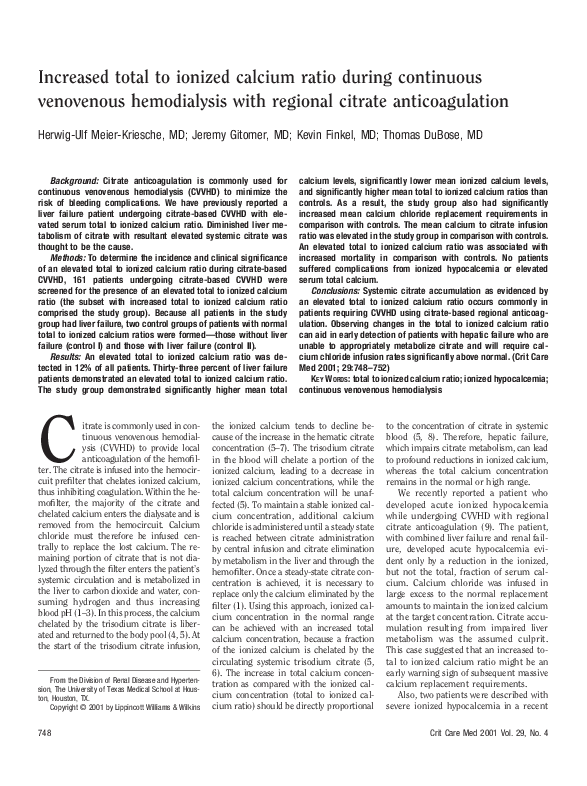 (PDF) Increased total to ionized calcium ratio during continuous ...