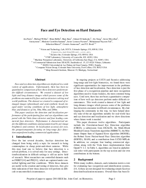 (PDF) Face and eye detection on hard datasets