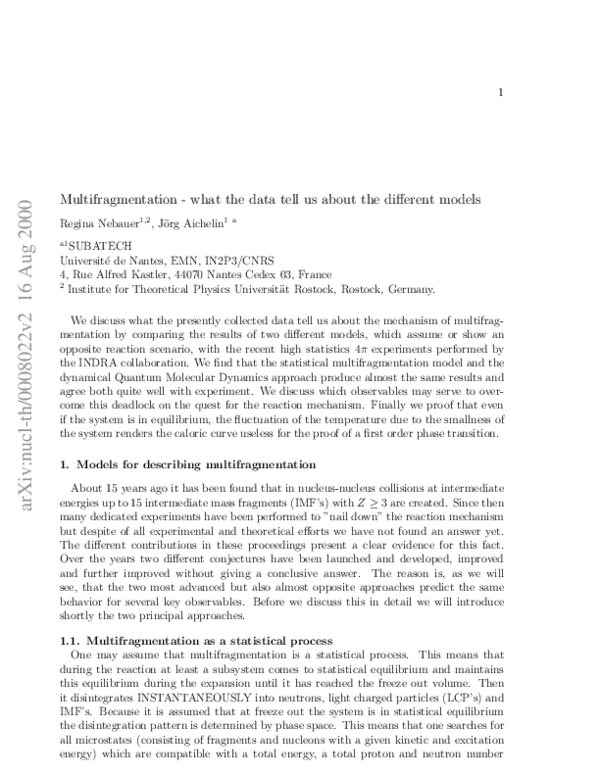 (PDF) Multifragmentation – what the data tell us about the different models