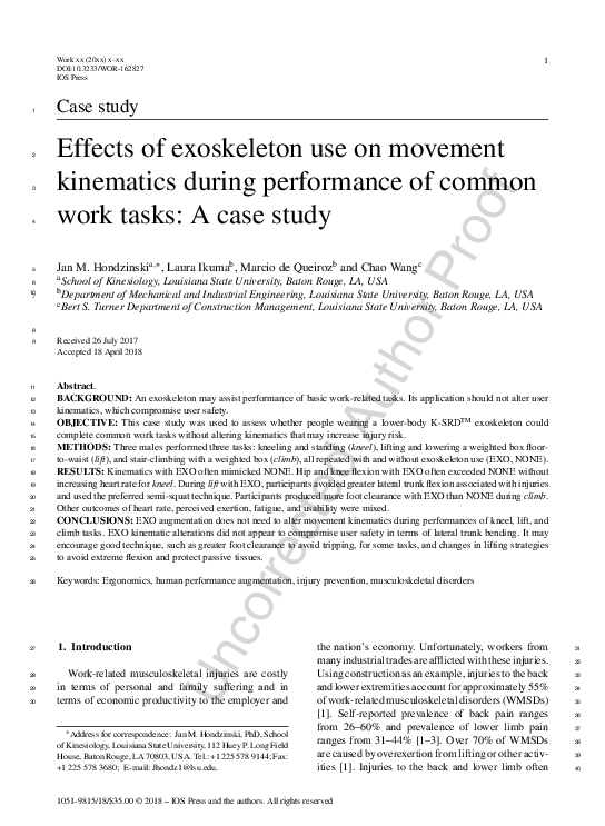 (PDF) Effects of exoskeleton use on movement kinematics during performance of common work tasks ...