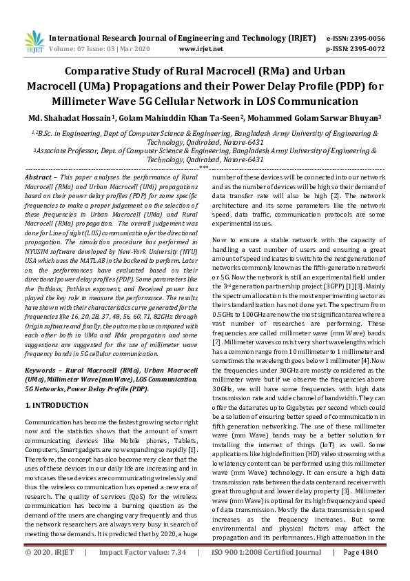 (PDF) Comparative Study of Rural Macrocell (RMa) and Urban Macrocell (UMa) Propagations and ...