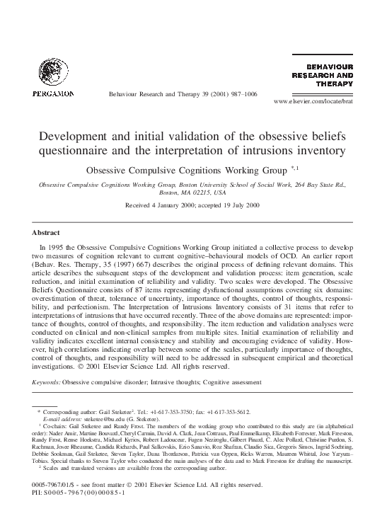 (PDF) Development and initial validation of the obsessive beliefs questionnaire and the ...