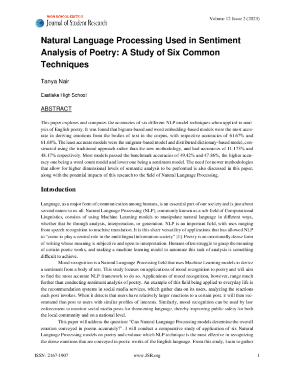 Pdf Natural Language Processing Used In Sentiment Analysis Of Poetry