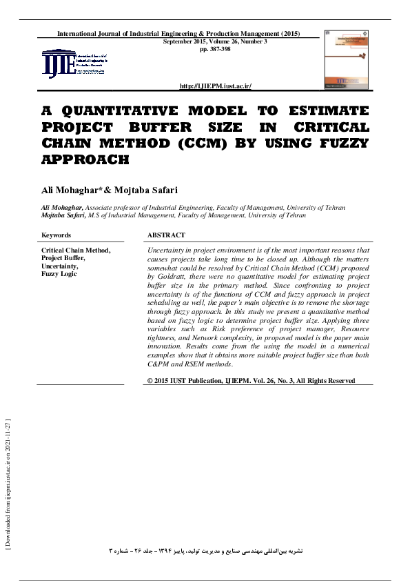 A Quantitative Model To Estimate Project Buffer Size In Critical Chain Method Ccm Using Fuzzy