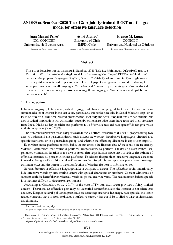 (PDF) ANDES at SemEval-2020 Task 12: A Jointly-trained BERT Multilingual Model for Offensive ...