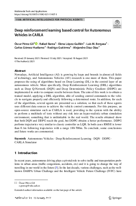 (PDF) Deep reinforcement learning based control for Autonomous Vehicles in CARLA